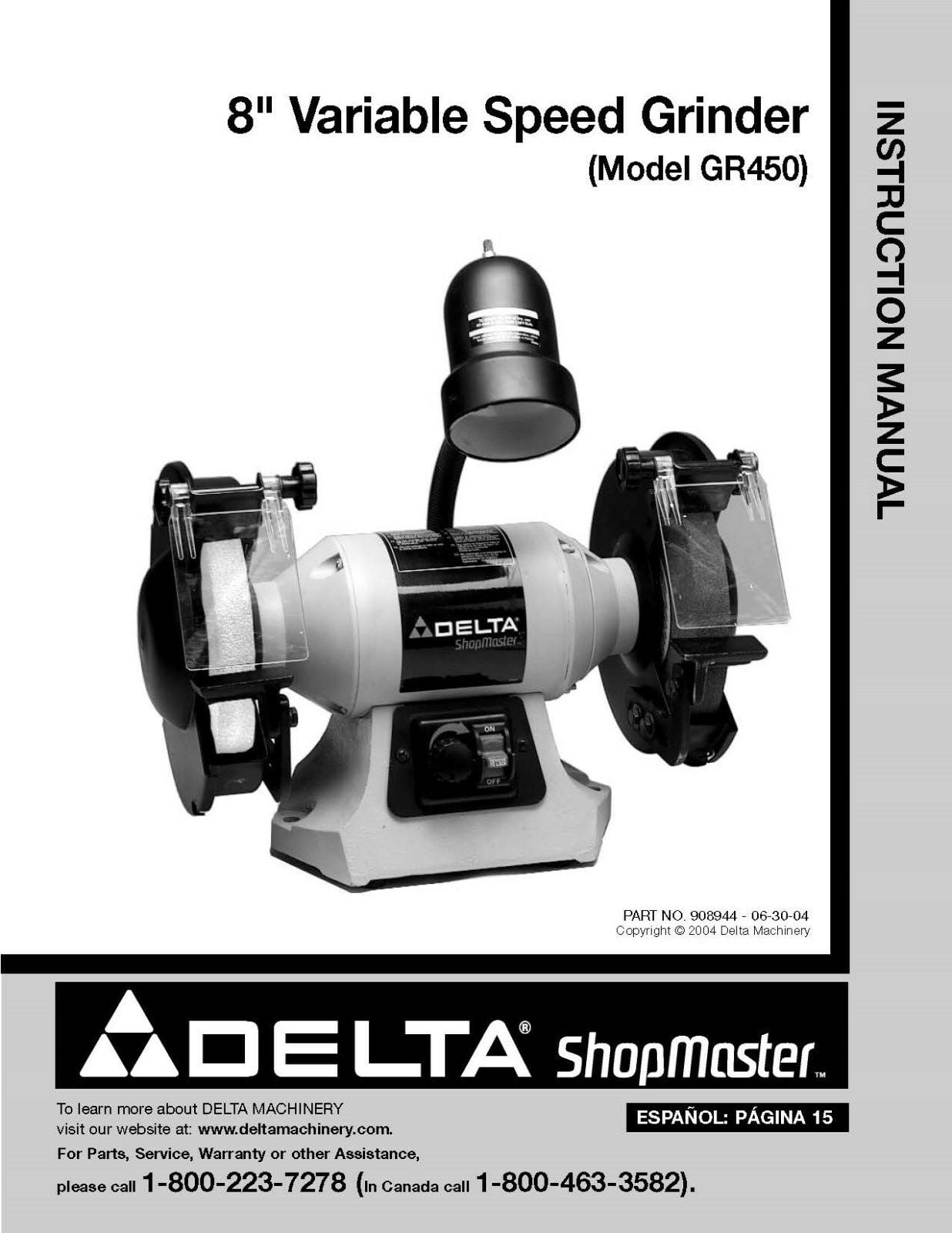 Delta GR450 Shopmaster 8" Variable Speed Grinder Instruction Manual ...