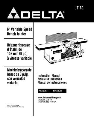 Instruction Manual ONLY for Delta JT160 6" Variable Speed Bench Jointer ...
