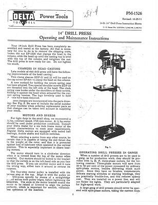 Delta Rockwell 14" Drill Press - Operating and Maintenance Instructions ...