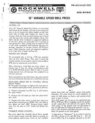 Instruction Manual ONLY for Delta Rockwell 15" Variable Speed Drill ...