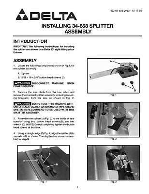 Instruction Manual ONLY for Delta Rockwell 34-868 Unisaw splitter ...