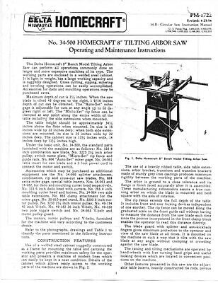 Delta Rockwell Homecraft 8" Tilting Arbor Saw No. 34-500 Instructions ...