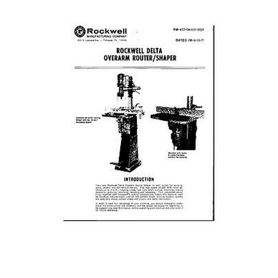 Instruction Manual ONLY for Delta Rockwell Overarm Router/Shaper ...