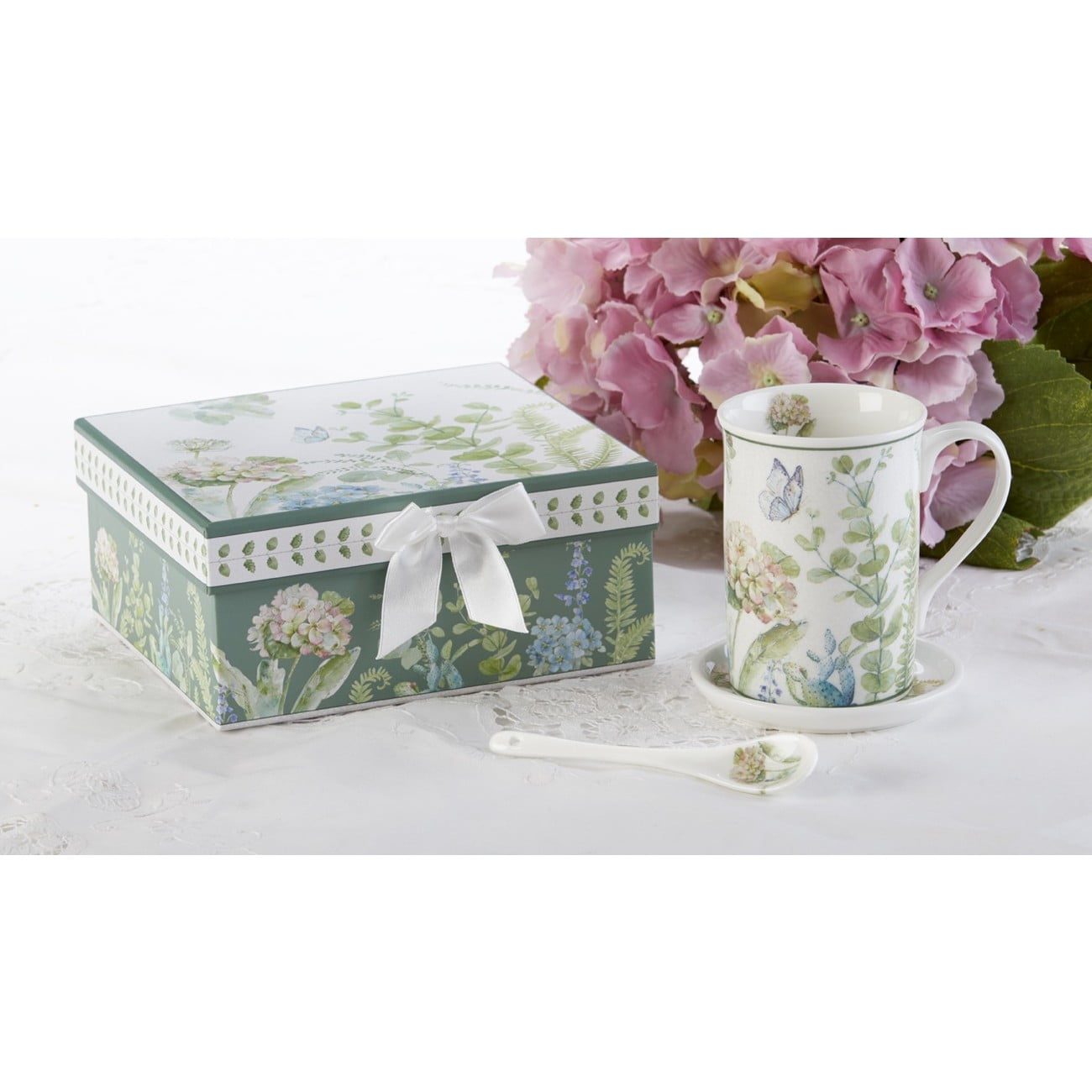 Delton Porcelain Mug-Coaster-Spoon Set, Blue Hydrangea - Walmart.com
