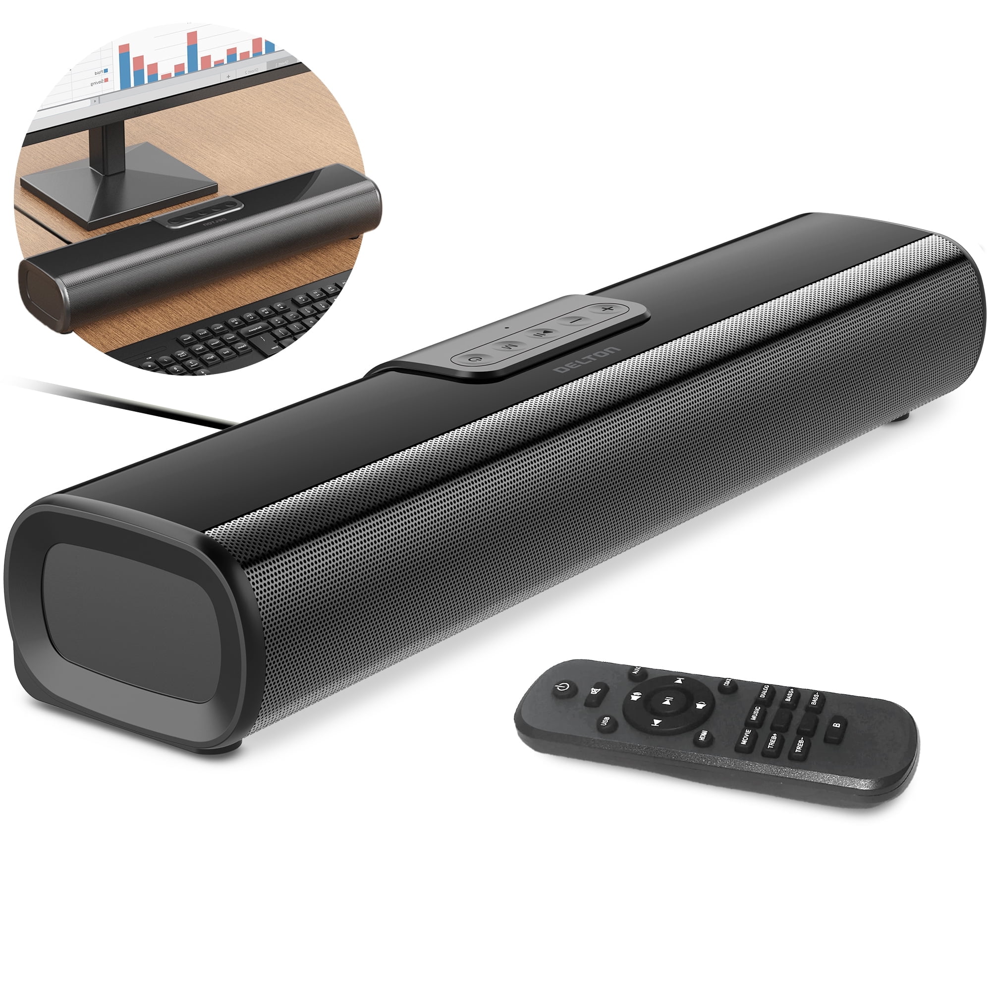 Delton SB380 Stereo Sound Bar, 50W Computer Speakers, Wired/Wireless ...