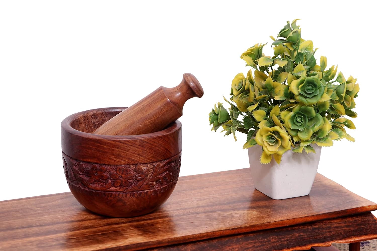 Delux Wood Carver Wooden Carved Mortar and Pestle Grinder for Herbs ...