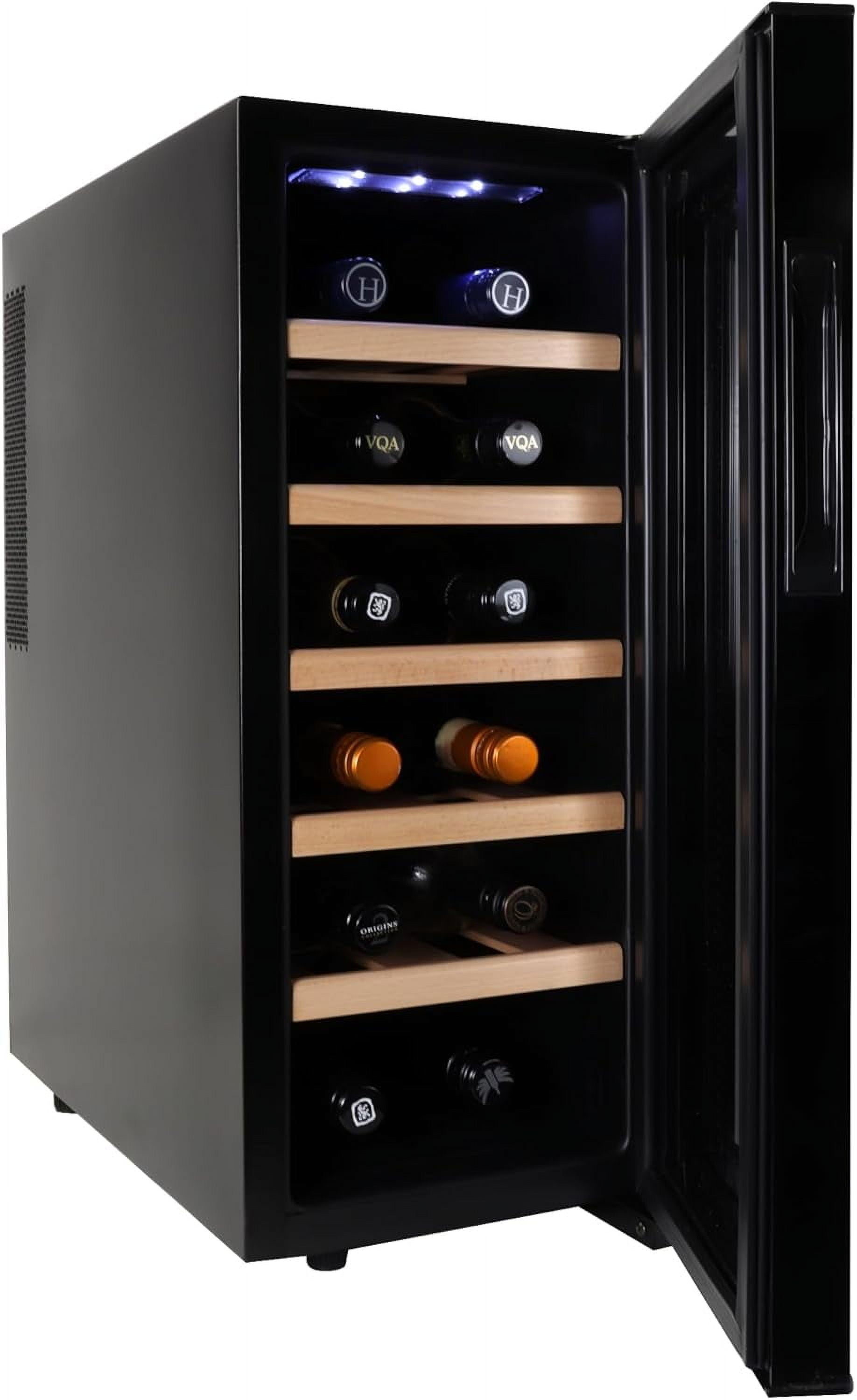 Deluxe 12 Bottle Refrigerator Wine Cooler with Beech Wood Racks, Black ...
