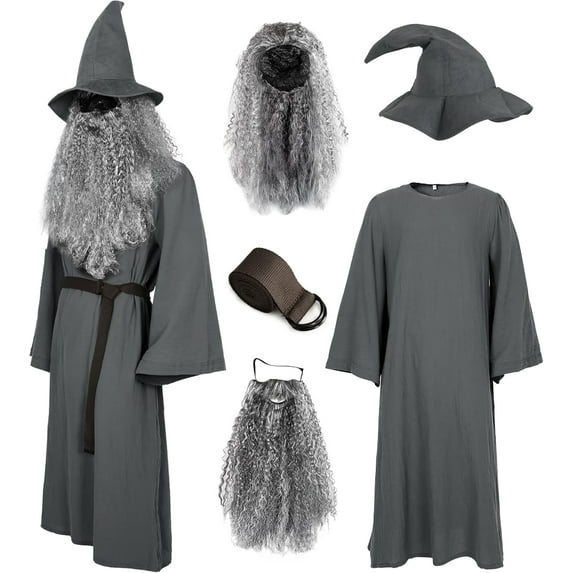 Deluxe 5 Pcs Wizard Costume for Adults Grey Wizard Robe with Wizards ...