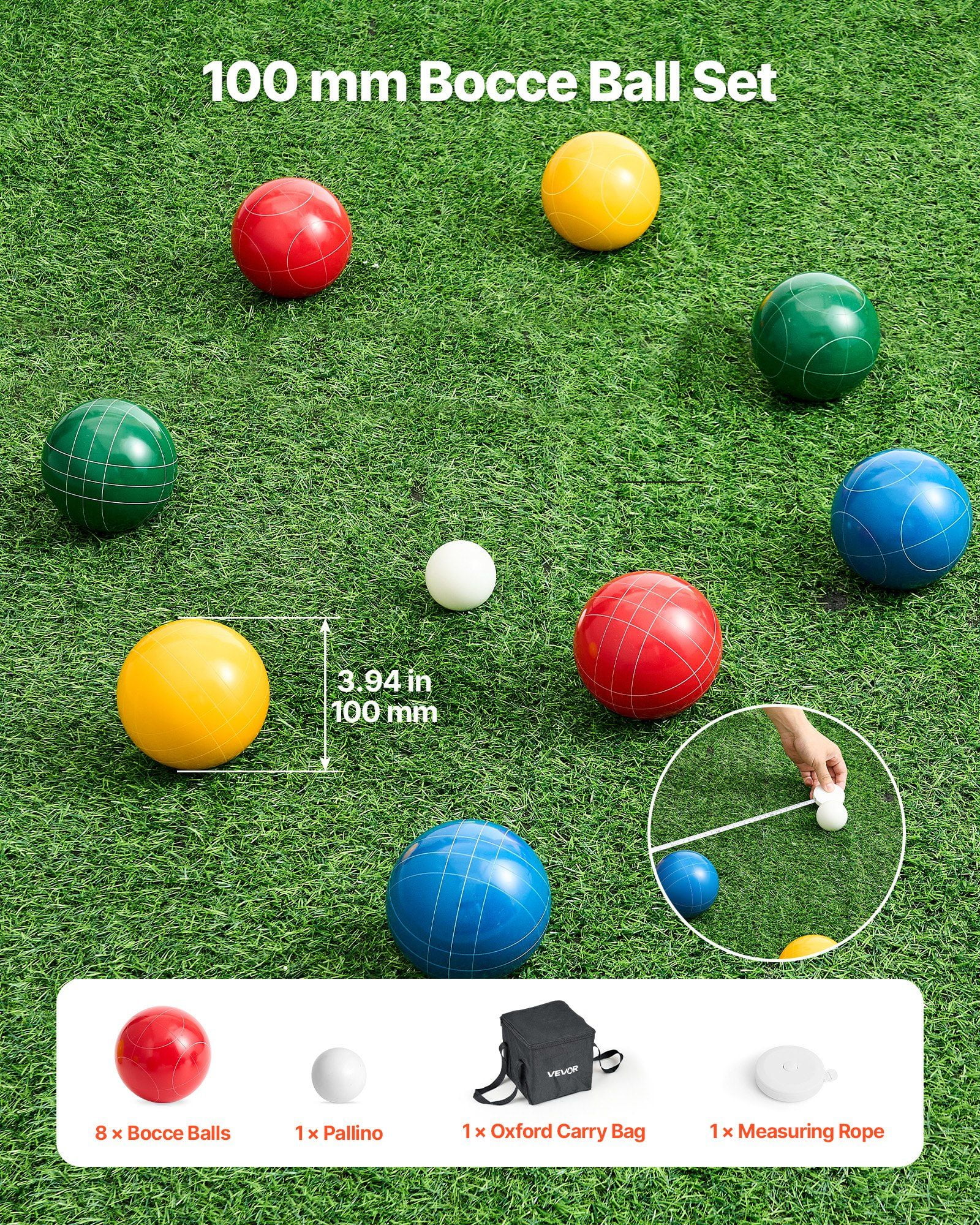 Deluxe 8-Player Bocce Ball Set with 100mm Balls, Pallino, Measuring ...