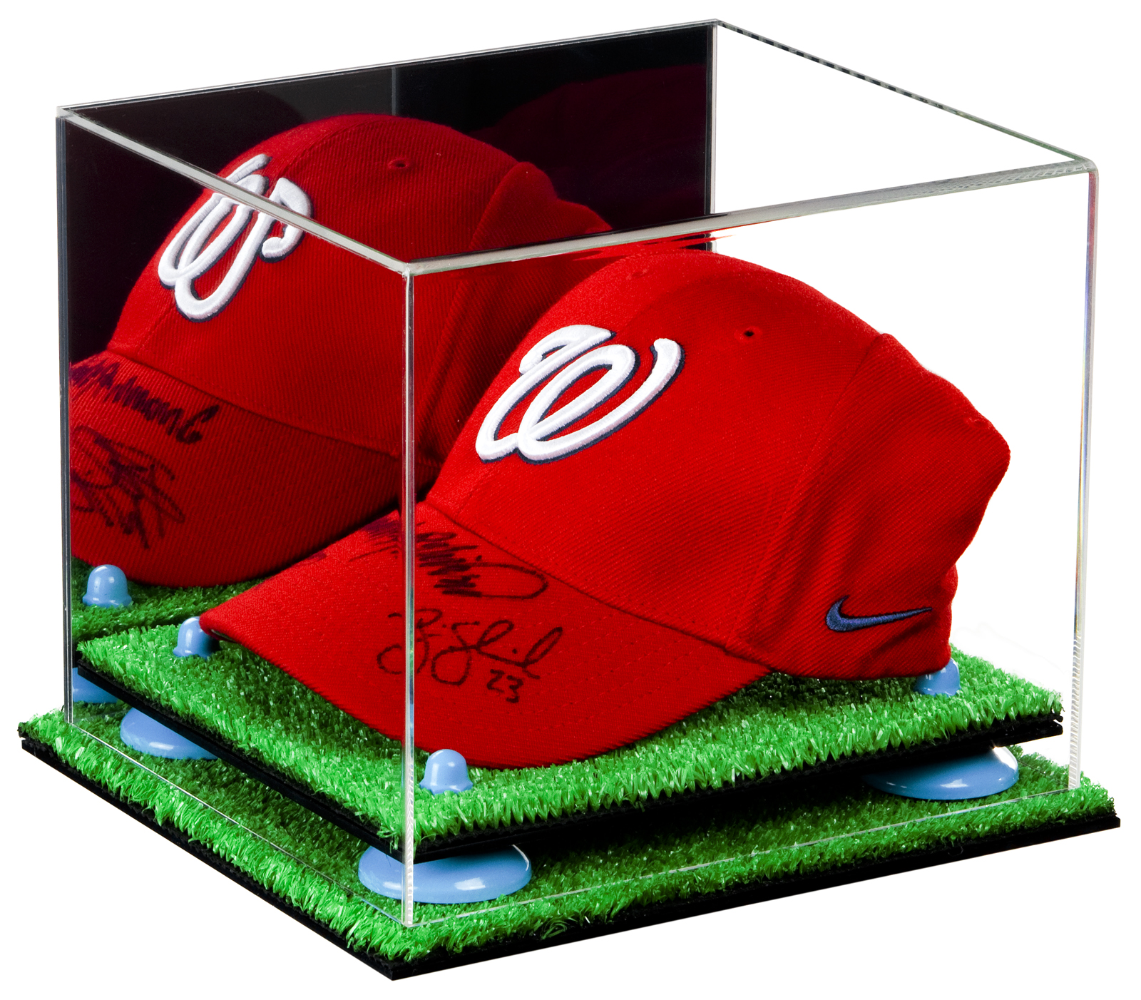 Deluxe Acrylic Baseball Cap Display Case Blue Risers, Mirror Turf Base ...
