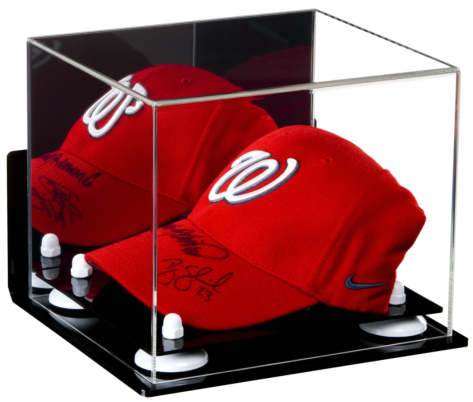Deluxe Acrylic Baseball Cap Display Case White Risers Mirror Wall Mount ...