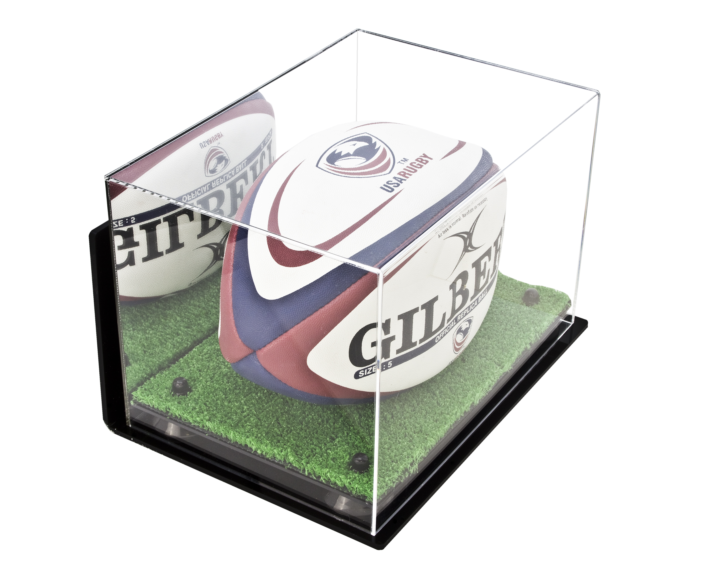 Deluxe Acrylic Rugby Ball Display Case with Black Risers, Mirror, Turf ...