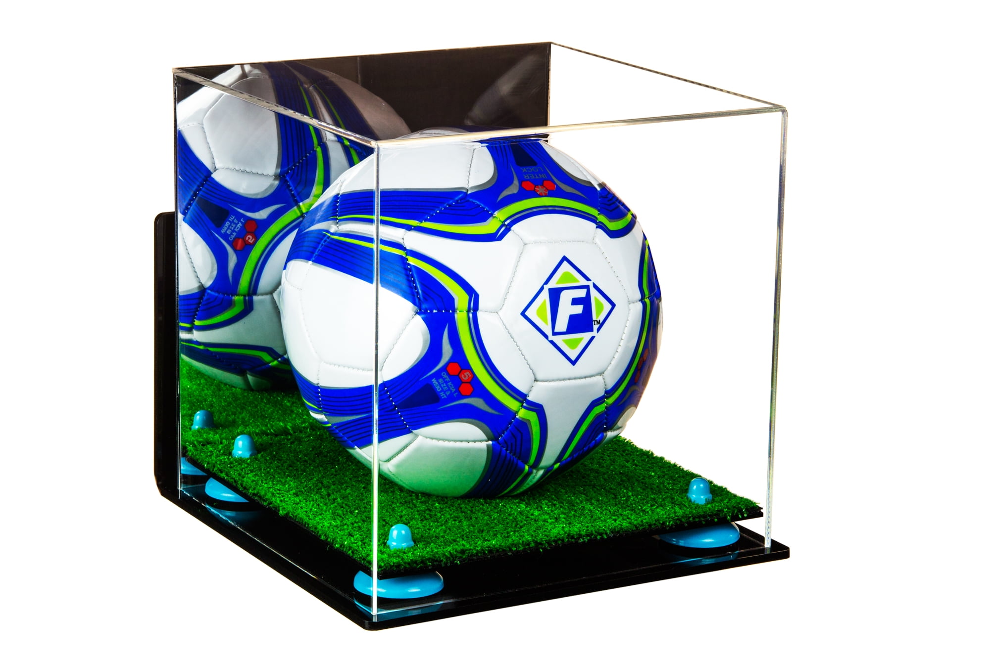 Deluxe Acrylic Soccer Ball Display Case with Blue Risers, Mirror, Turf ...