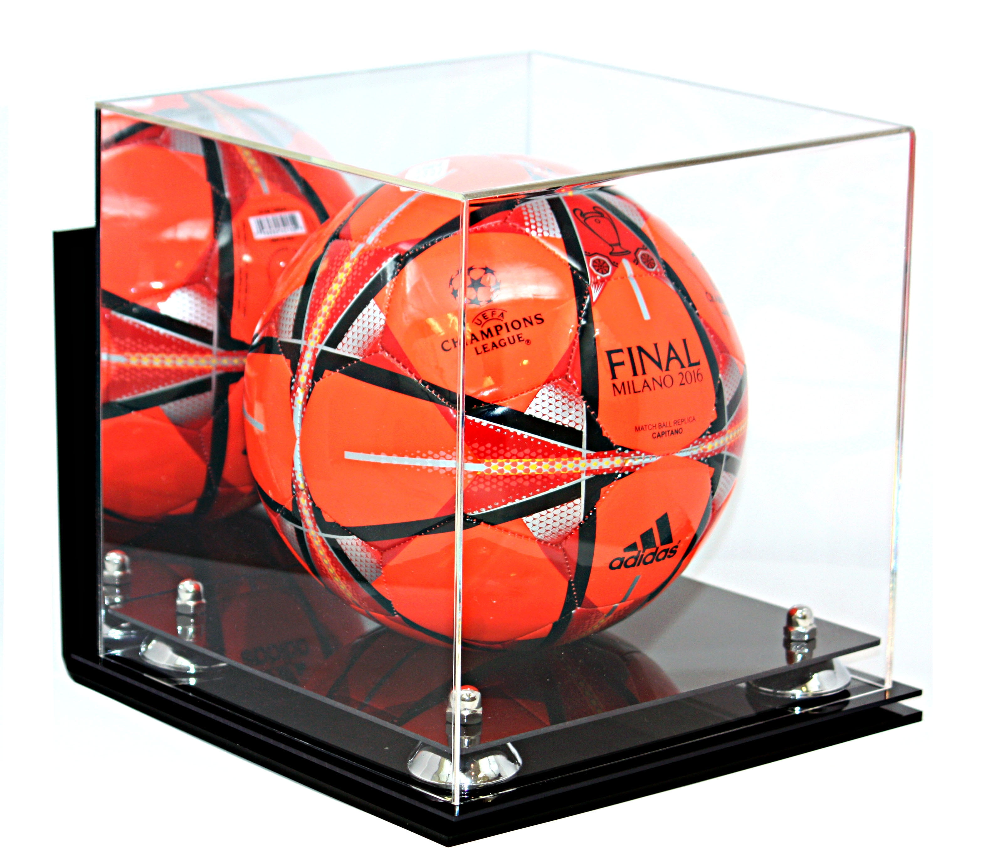 Deluxe Acrylic Soccer Ball Display Case with Silver Risers Mirror and ...