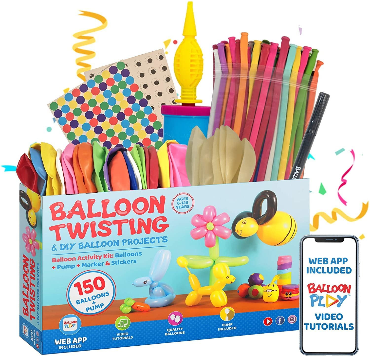 Deluxe Balloon Animal Kit | 150 Balloons, Pump, Stickers, Marker, Web ...