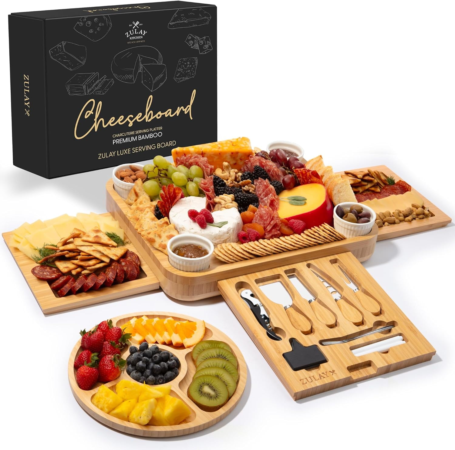Deluxe Bamboo Cheese Board Set - Extra Thick Bamboo Charcuterie Board ...