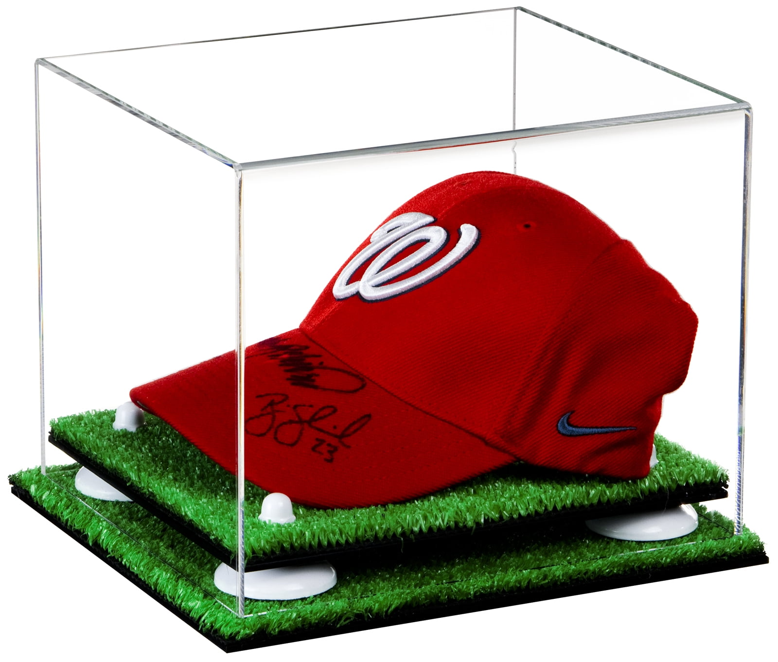 Deluxe Clear Acrylic Baseball Cap Display Case White Risers Turf Base ...