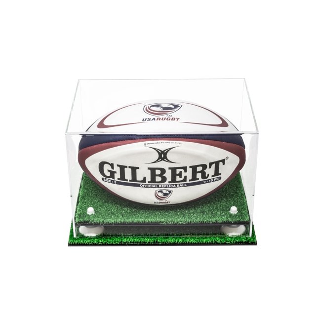 Deluxe Clear Acrylic Rugby Ball Display Case with White Risers and Turf ...