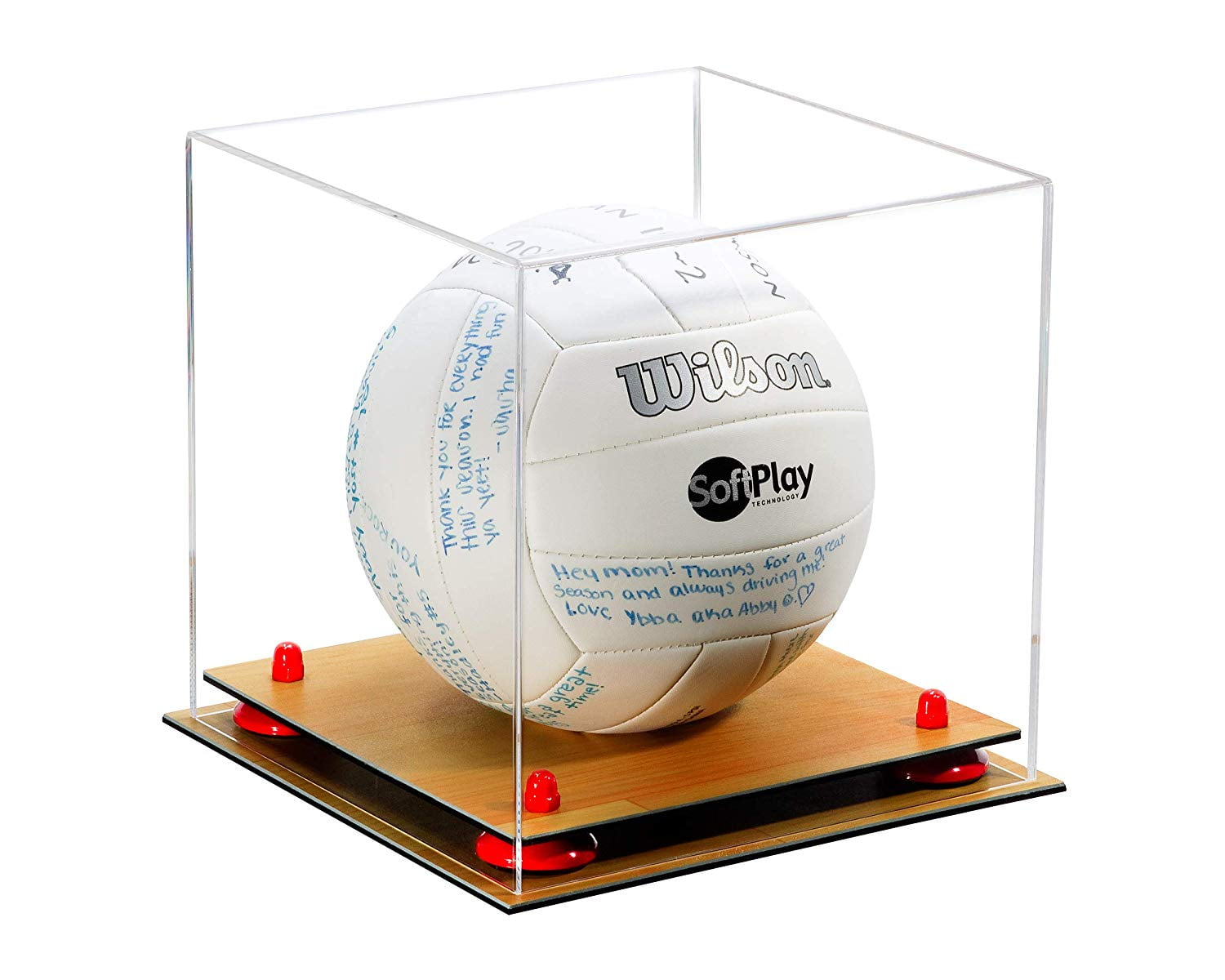 Deluxe Clear Acrylic Volleyball Display Case with Red Riser and Wood ...