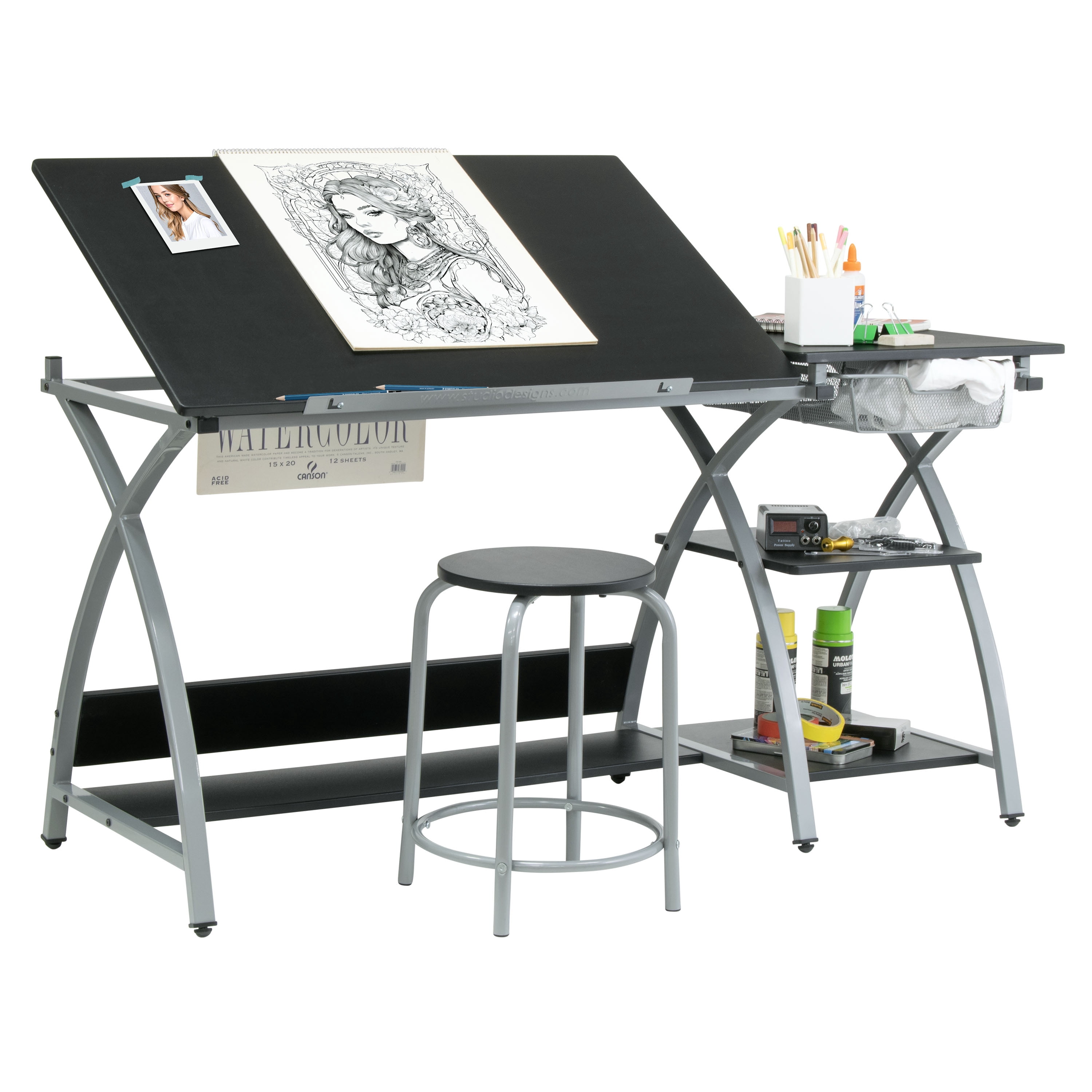 Deluxe Craft Station with Stool, Adjustable Drafting & Art Desk with ...