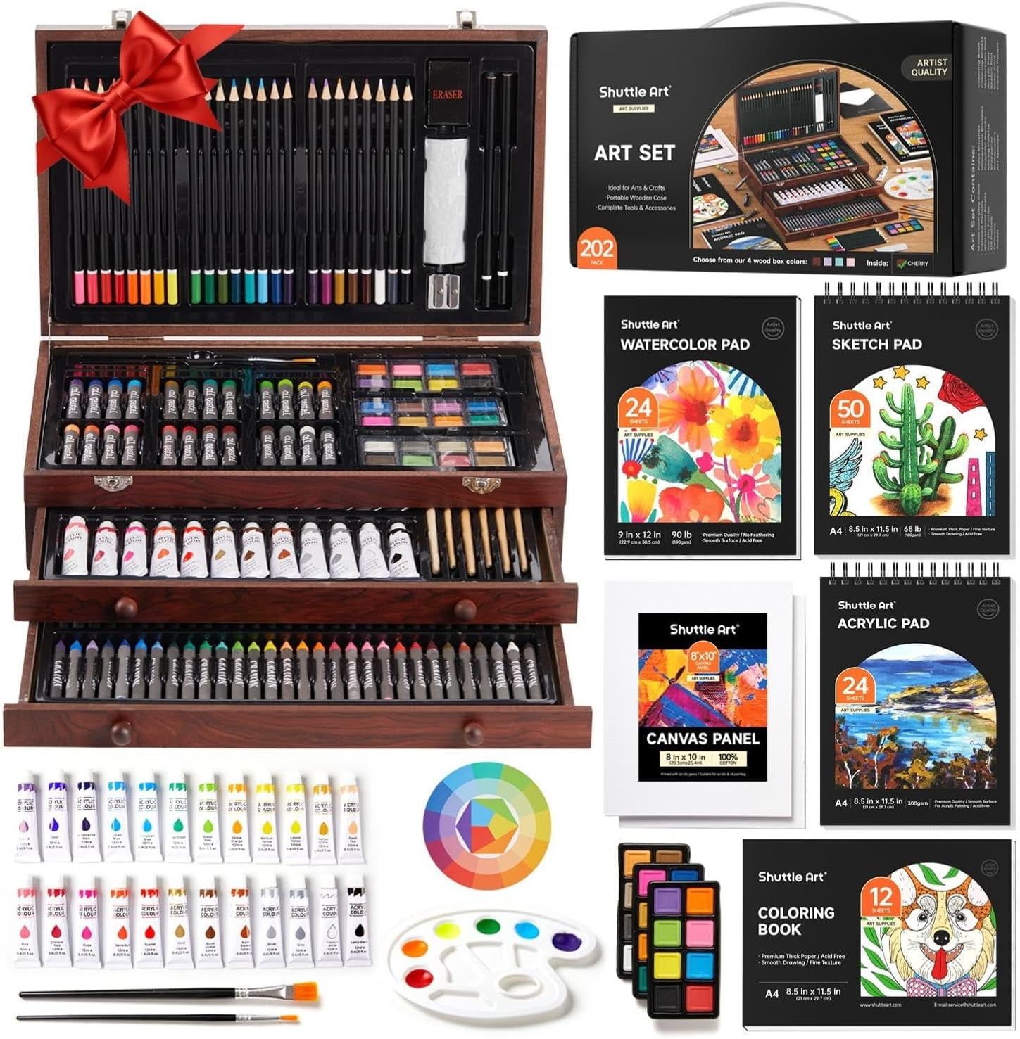 Deluxe Gift Art Kit, 202-Piece Wooden Art Supplies Set with 4 Drawing ...