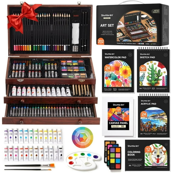 Deluxe Gift Art Kit, 202-Piece Wooden Art Supplies Set with 4 Drawing ...