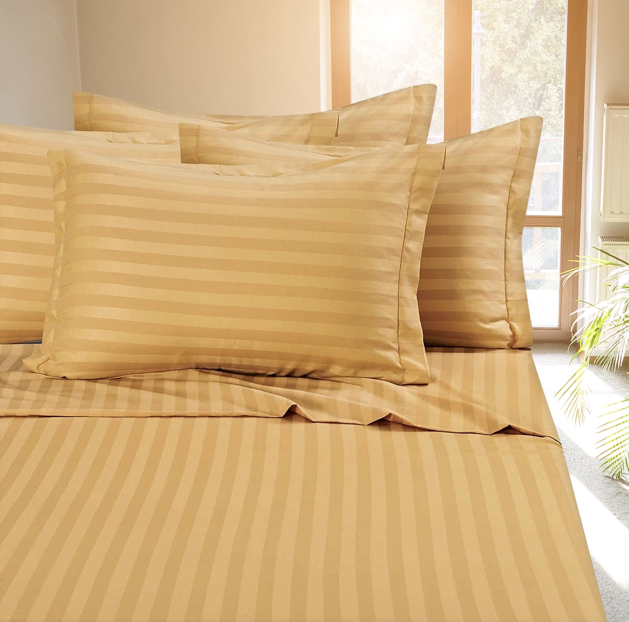 Deluxe Hotel 400 TC 100% Cotton Dobby Stripe Bed Sheets, Queen, Gold ...