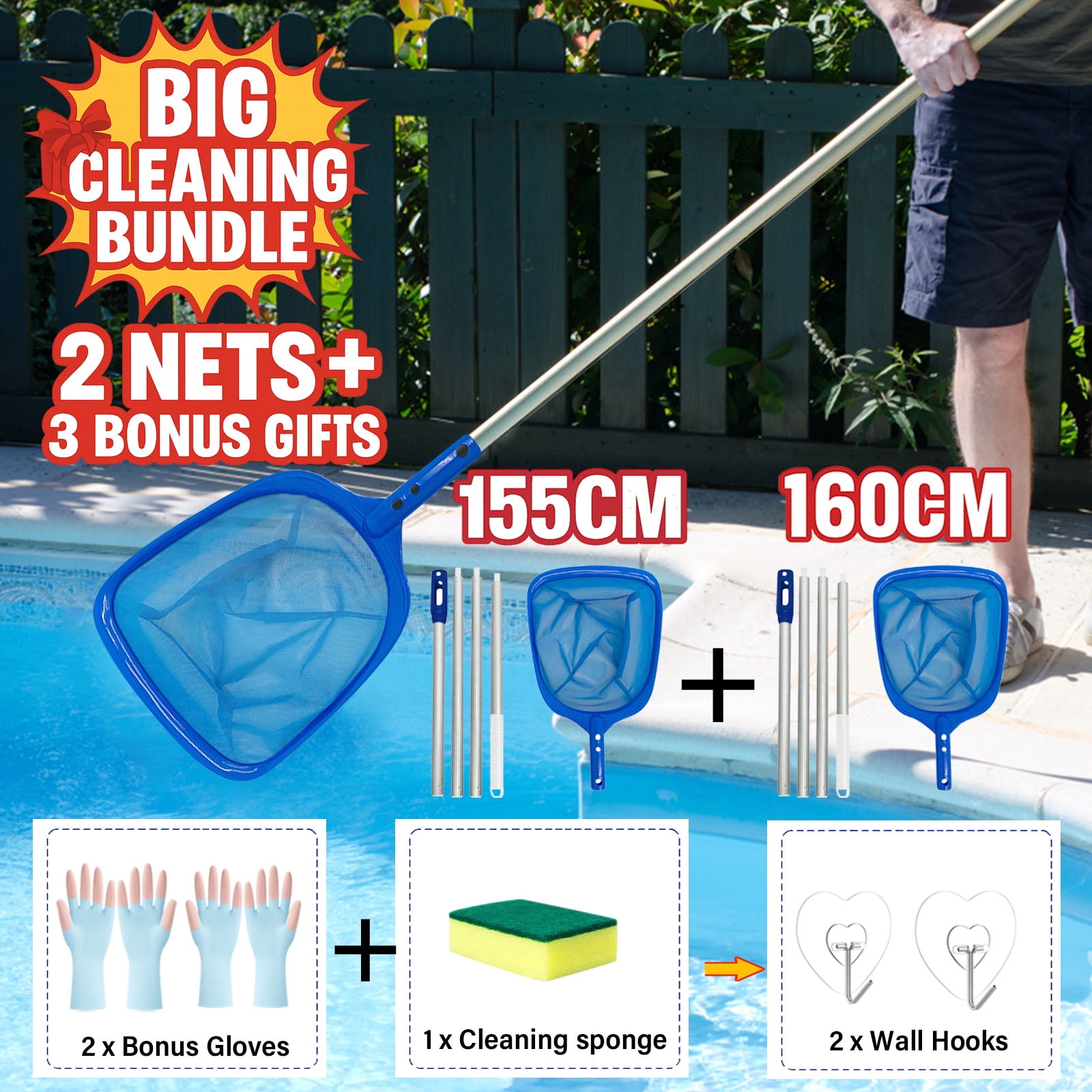 Deluxe Mesh Skimmer Combo – 2PCS (155cm & 160cm Handles), Plus Gloves ...