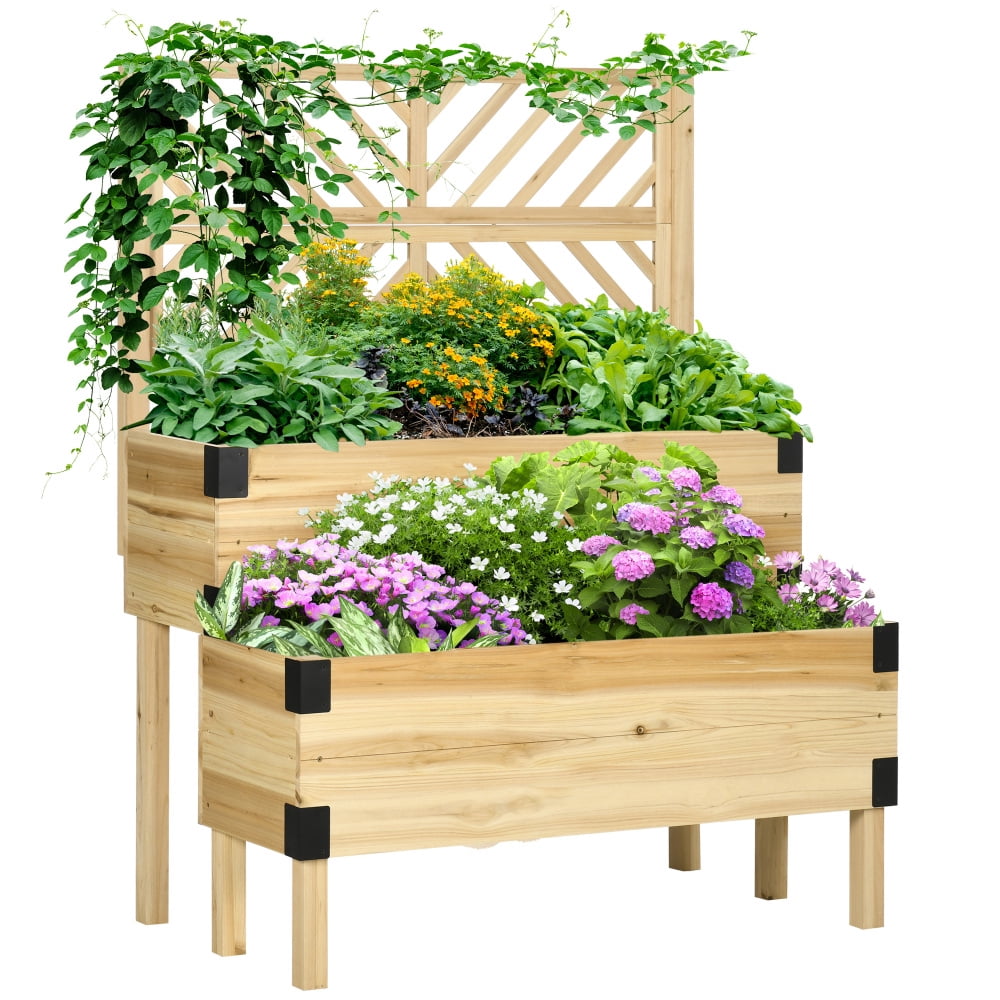 Deluxe Raised Garden Bed - Dual-Level Planter Box with Climbing Trellis ...