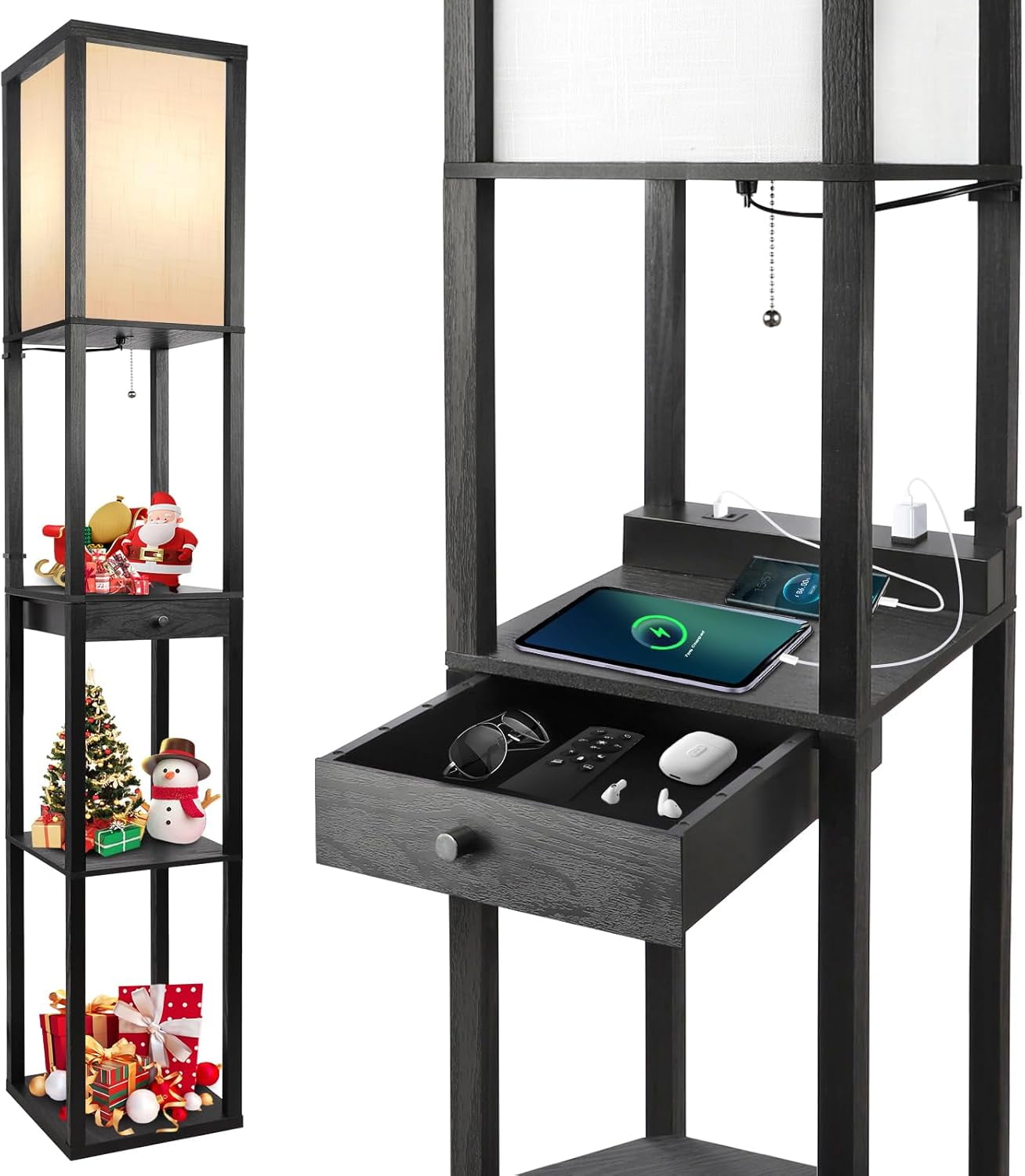 Deluxe Shelf Floor Lamp with 1 Drawer, 2 USB-C Ports, 2 AC Outlets, LED ...