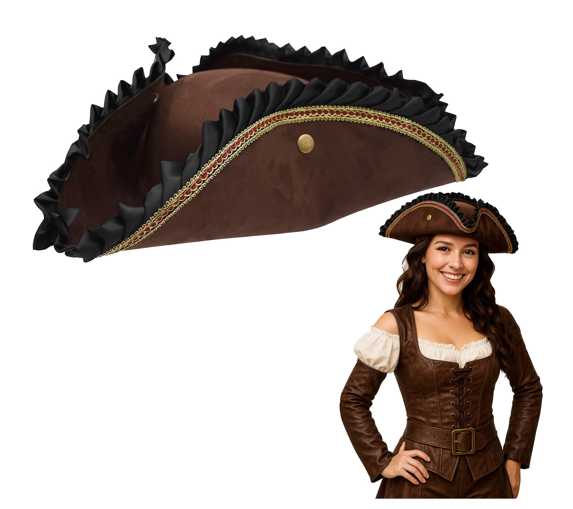 Deluxe Tricorn Tricorner Pirate Hat Buccaneers Cap Halloween Costume ...