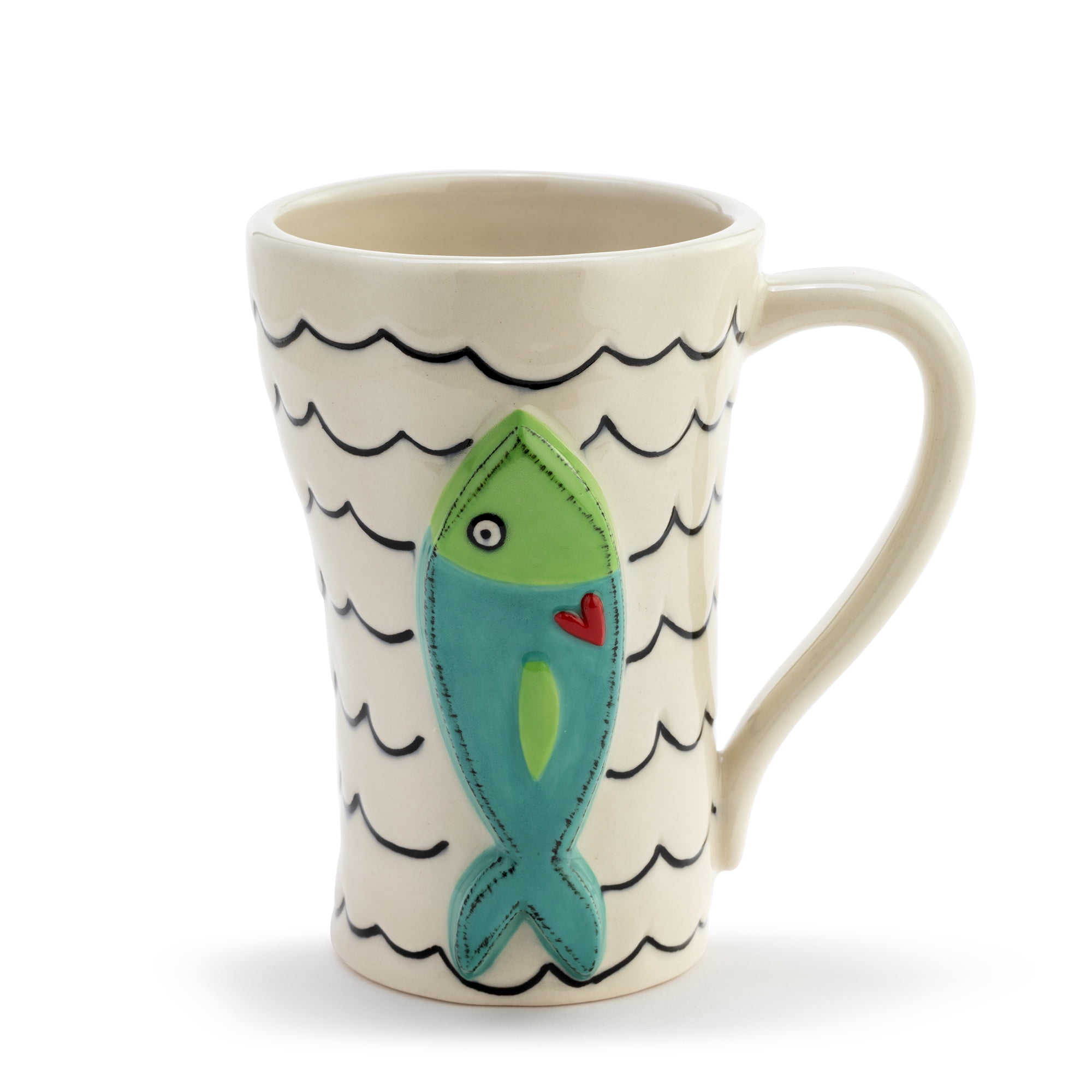 Demdaco Fish and Waves Ocean Blue 16 ounce Ceramic Stoneware Coffee Mug ...