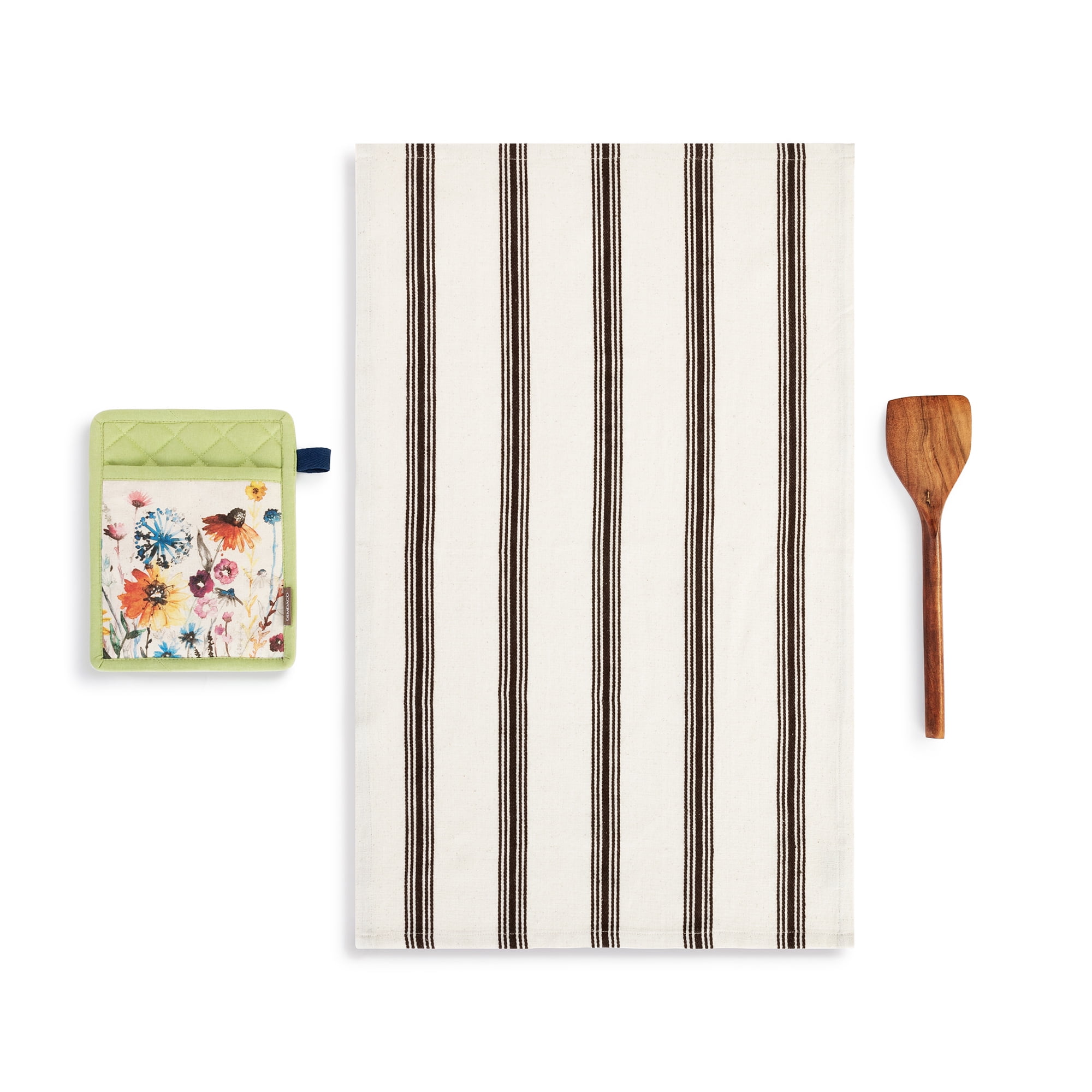 Demdaco Meadow Flowers White Cotton Wood Hot Pad Dish Towel Spatula 3 ...