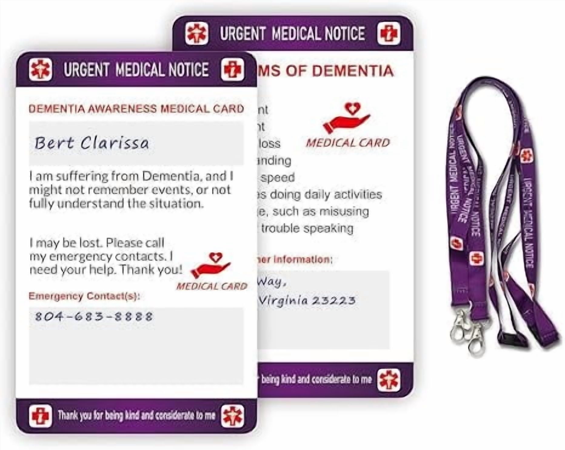 Dementia Medical Card with Writable Panel and Patterned Lanyard ...