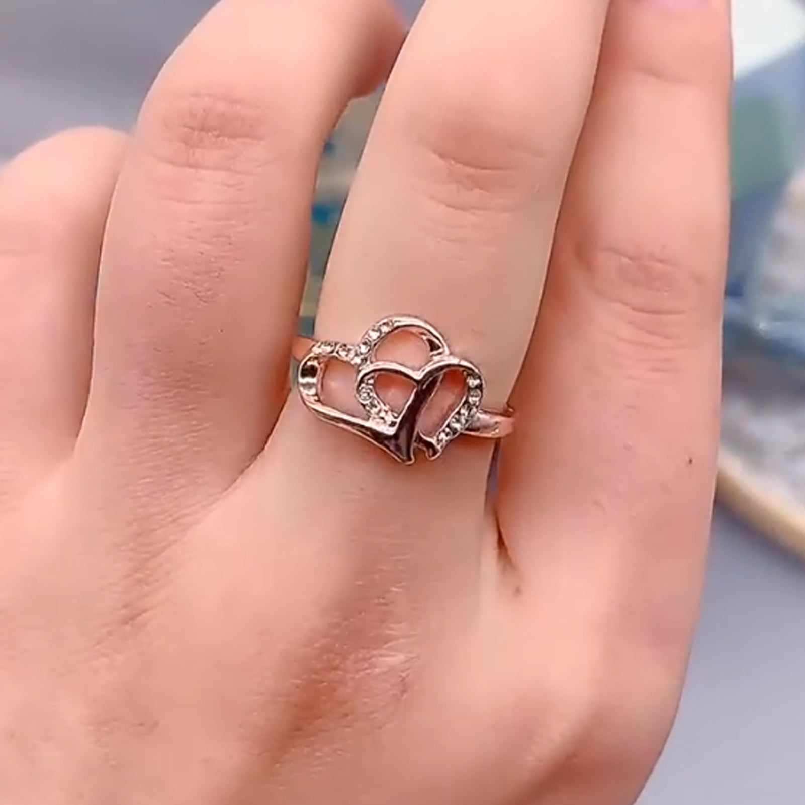 Demete Elegant Finger Band Engagement Ring Shining Alloy Hollow Double ...