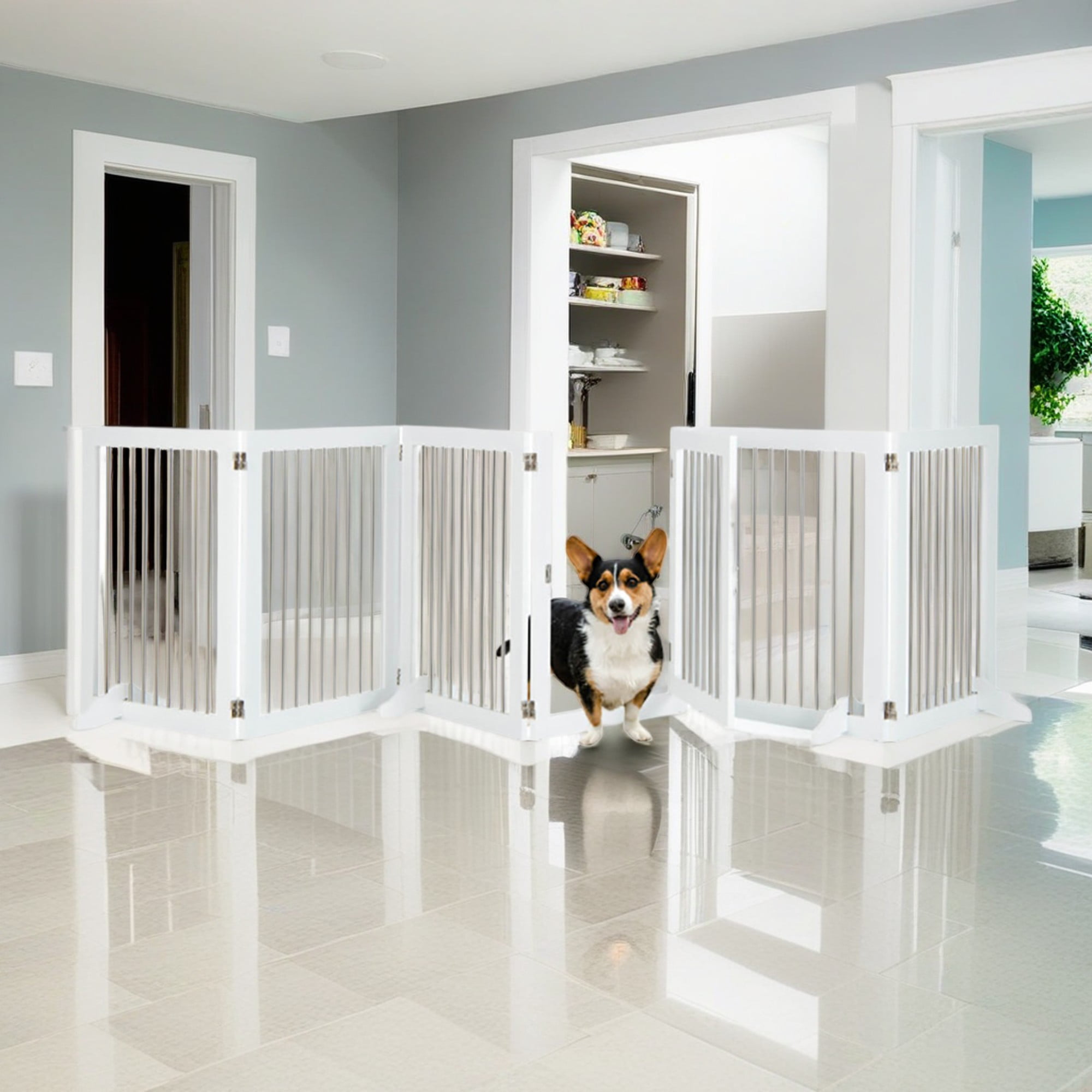 Demi Bonn 144" Folding Pet Gate with 4pcs Support, Wood 6-Panel Dog ...