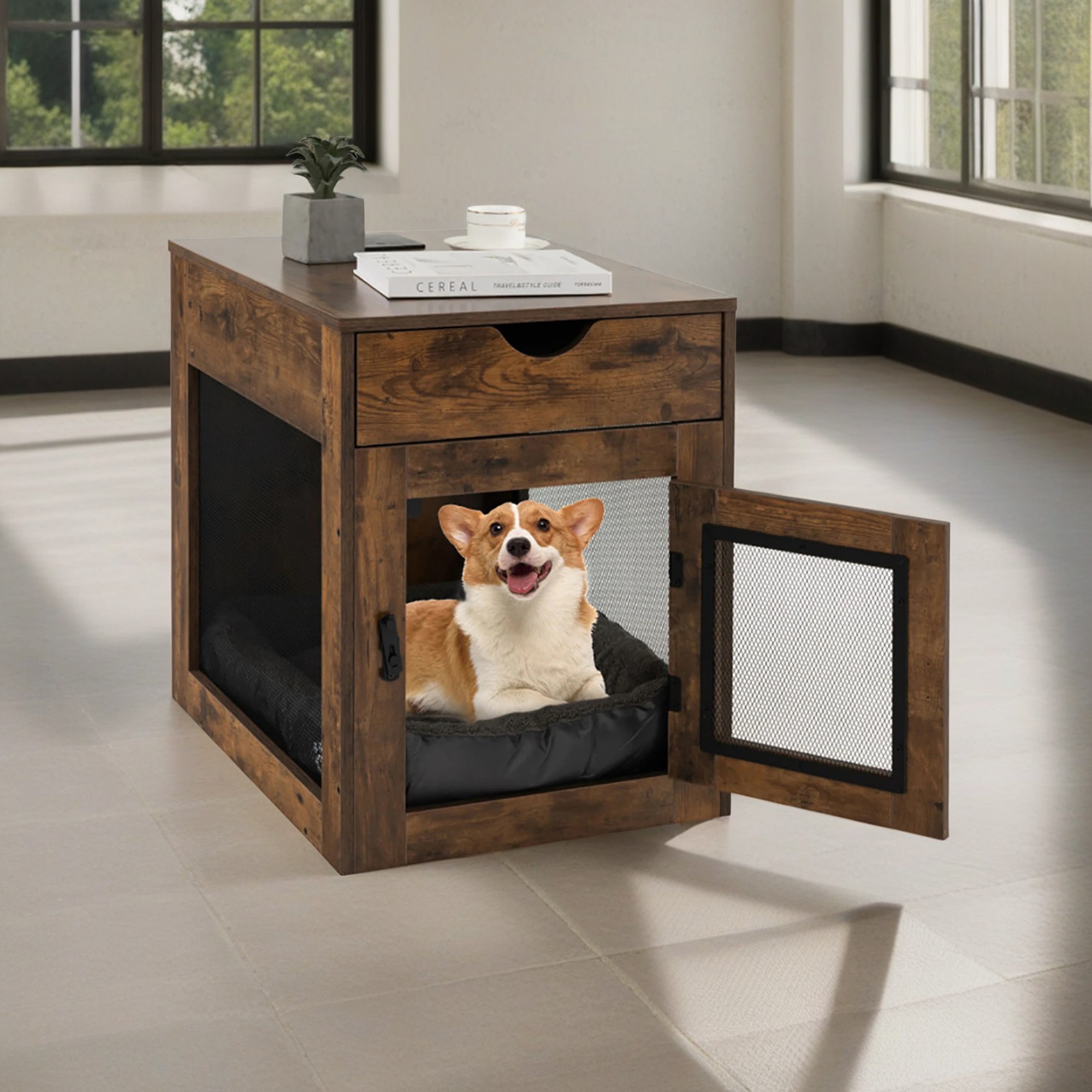 Demi Bonn 25" Dog Crate Furniture with Drawer and Removable Dog Bed ...