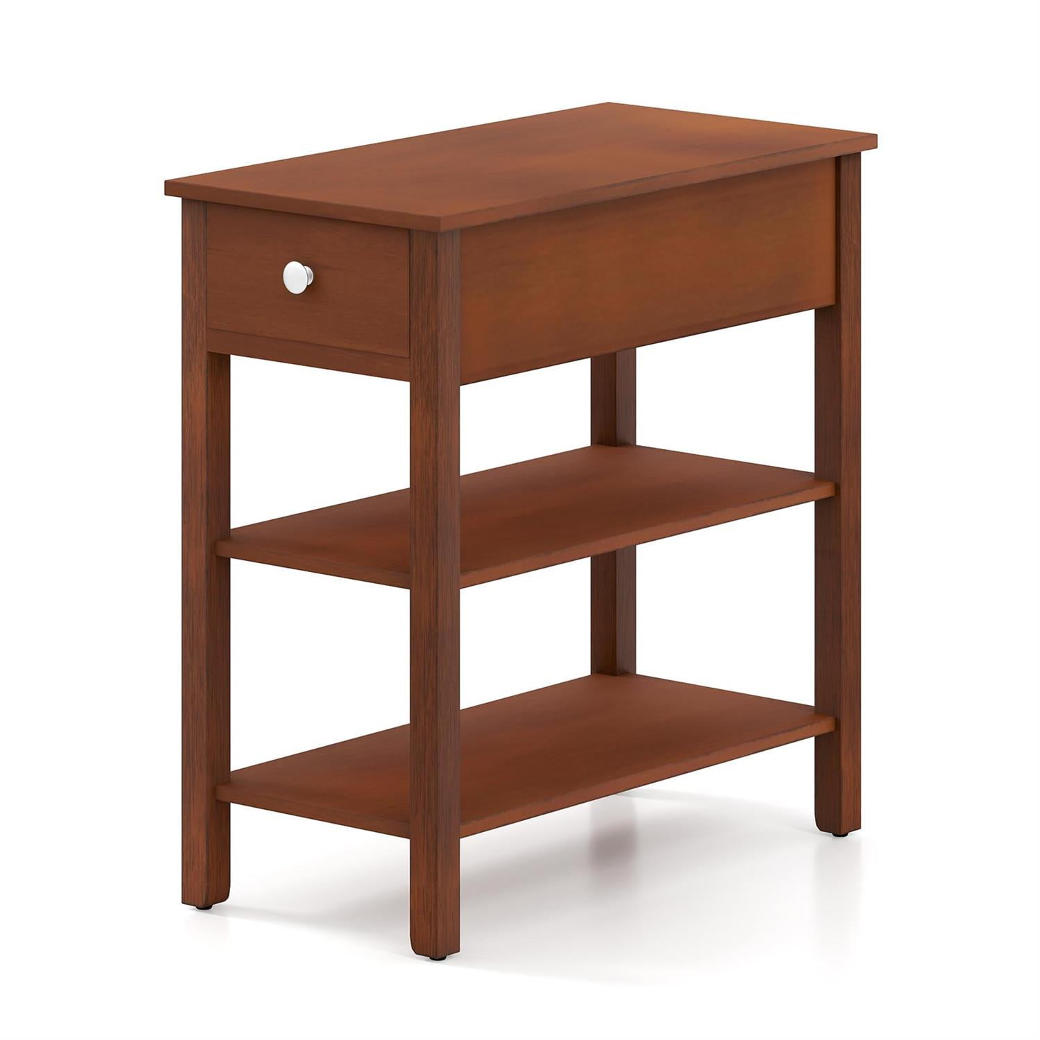 Demi Bonn 3-Tier Narrow End Table, Pull-Out Drawer, Solid Rubber Wood ...