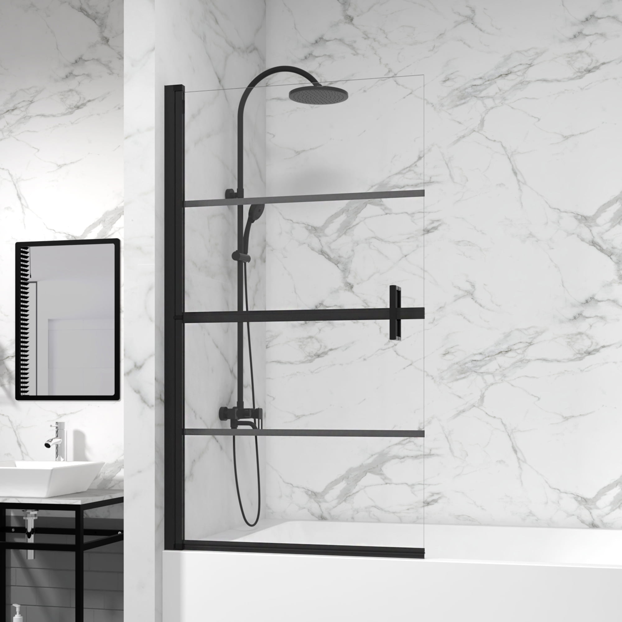 Demi Bonn 31" x 55" Bathtub Shower Screen Door, Stylish Walk-In Wet Room Divider, 180° Pivot ...