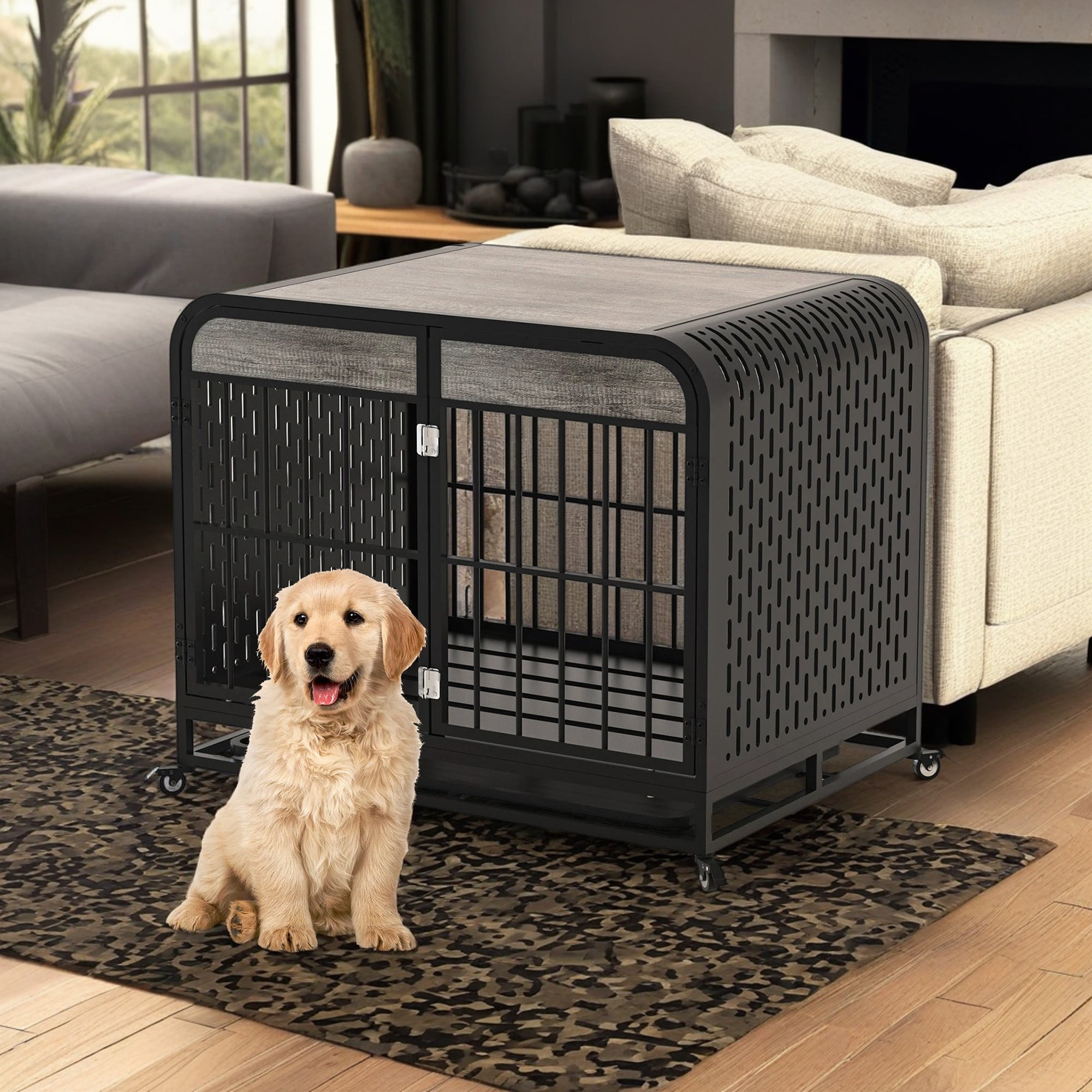 Demi Bonn 33" Heavy Duty Dog Crate Cage with Wheels, Wood Kennel ...
