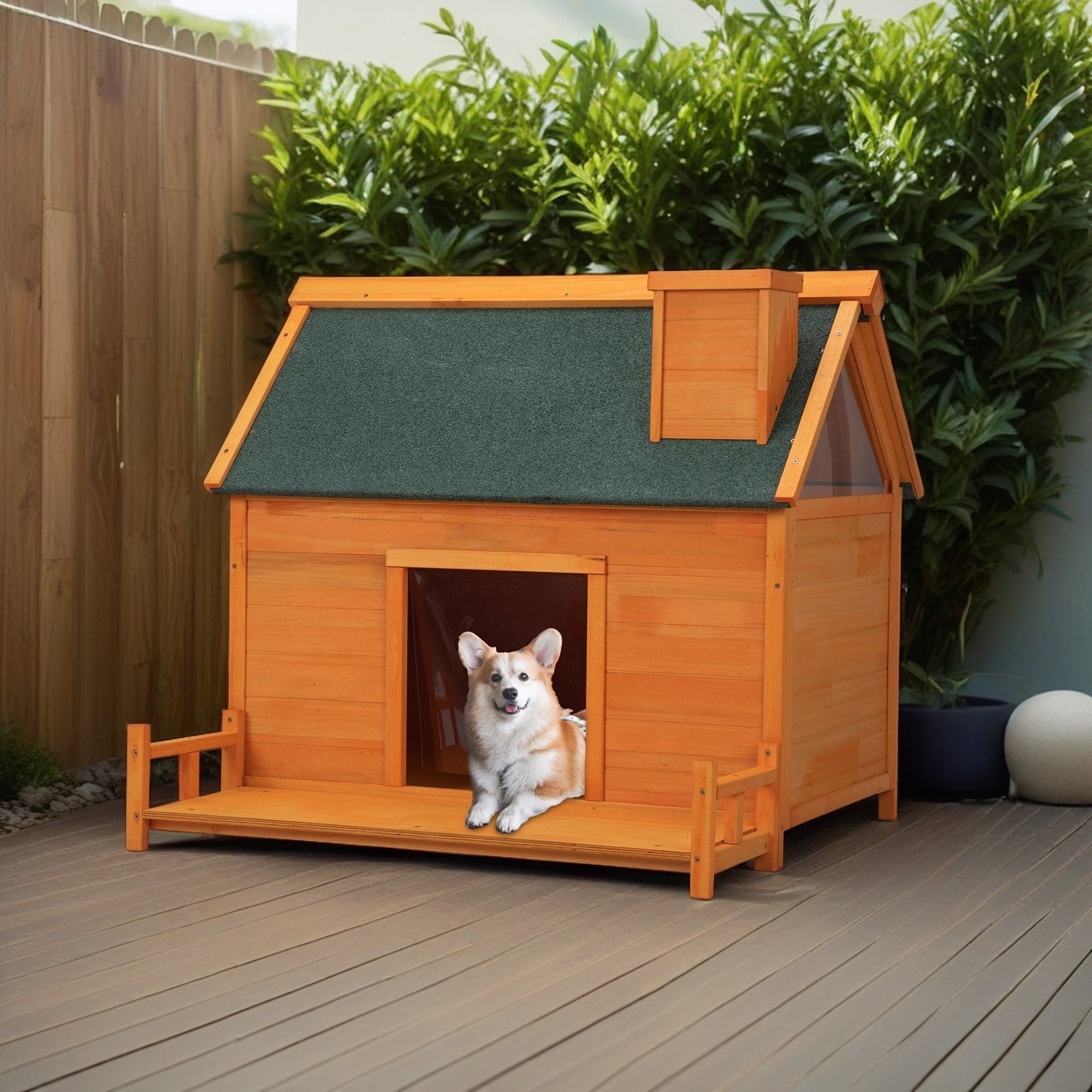 Demi Bonn 38" Wooden Dog House for Indoor Dogs, Outdoor Waterproof Dog ...