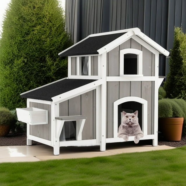 Demi Bonn 39" Wood Elevated Cat House with Escape Door, Outdoor ...