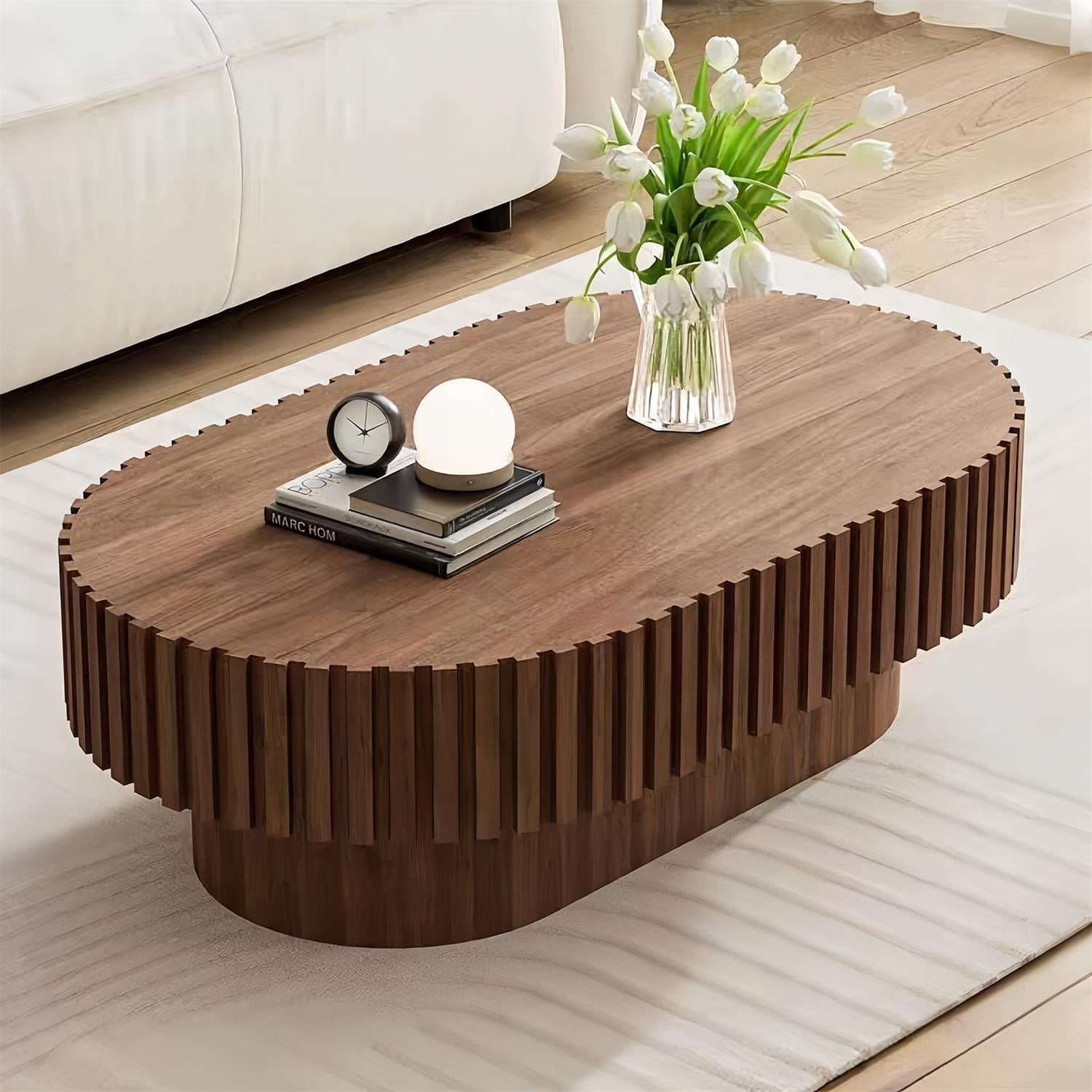Demi Bonn 43.1" Walnut Oval Fluted Coffee Table, Mid Century Modern ...