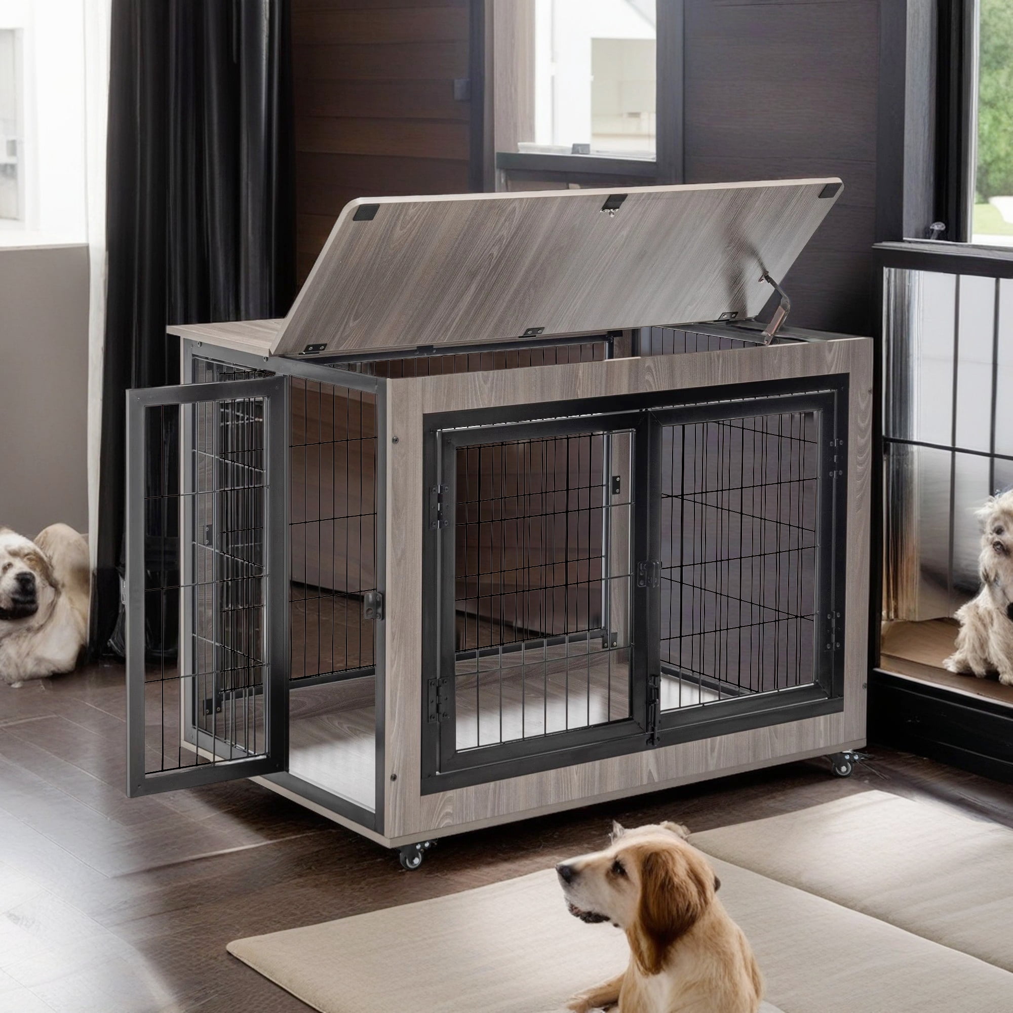 Demi Bonn 43" Dog Crate Furniture with Wheels, Wood Dog Cages for ...