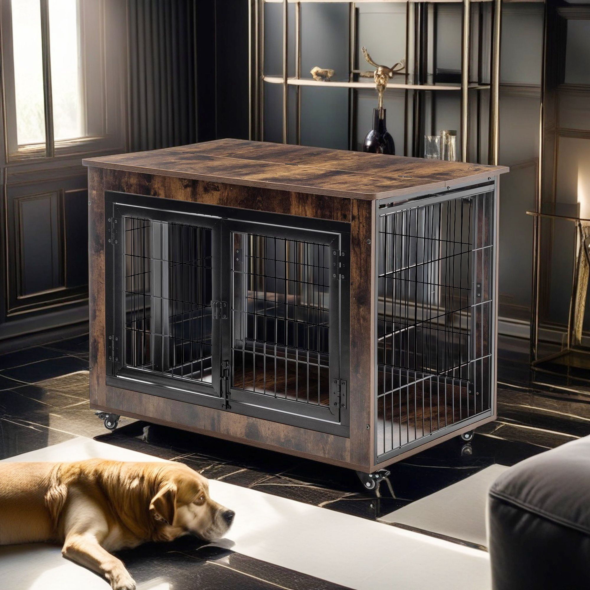 Demi Bonn 43" Double Door Dog Crate for Indoor Dogs, Wood Dog Cage ...