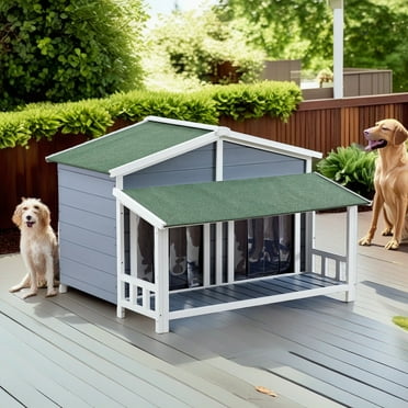 MIDODO Large Dog House Outdoor, Solid Wood Asphalt Roof Dog Kennel with ...