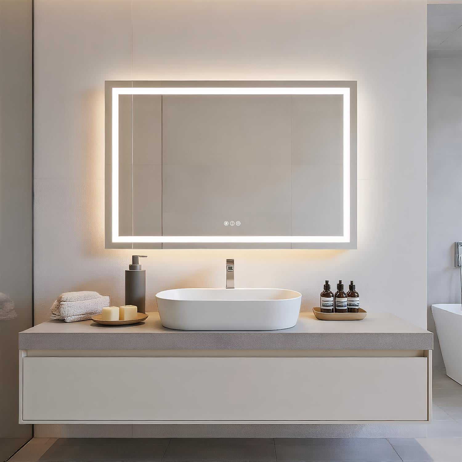 Demi Bonn 48x32 Inch Frameless LED Bathroom Mirror, White, High Color ...