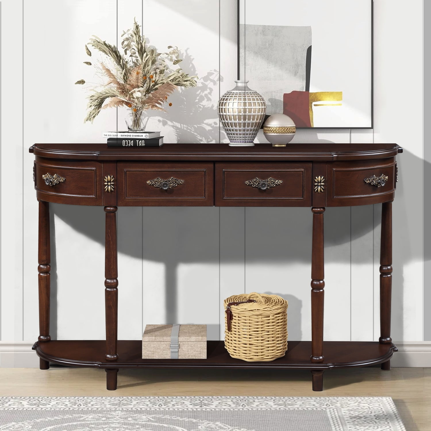 Demi Bonn 52" Retro Curved Solid Wood Console Table, Circular Half Moon ...