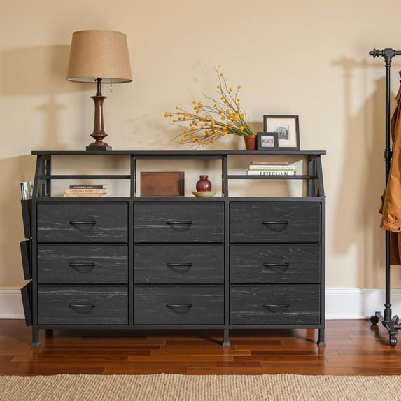 Demi Bonn 55''W Dresser, 9 Fabric Drawers, 2 Open Shelves, Side Pocket ...