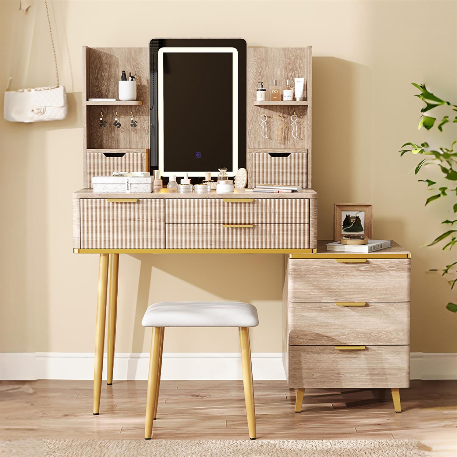 Demi Bonn 7-Drawer Vanity Desk with LED Mirror & Carved, Fluted Makeup ...